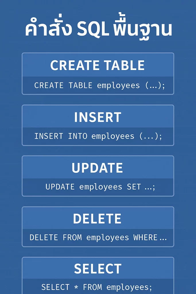 คำสั่ง SQL พื้นฐาน: CREATE TABLE, INSERT, UPDATE, DELETE, SELECT ...